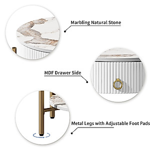 OIOG Modern End Table with Storage Drawer, Round 2-Tier Nightstand with Shelf, Gold Side Table with Metal Legs for Living Room, Bedroom, Office, Marbling Natural Stone/Gold