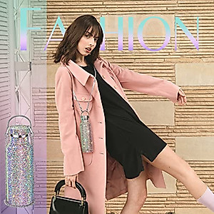 Colorful Diamond Water Bottle Bling Rhinestone Stainless Steel Thermal Bottle Refillable Water Bottle Insulated Water Bottle Glitter Water Bottle with Chain for Women(Silver,750 ml)