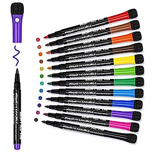 Magnetic Dry Erase Markers Fine: 12 Colors Erasable Whiteboard Markers Fine Point with Eraser Cap, Low Odor White Board Dry Erase Pens Fine Tip for Kids & Teachers, Home, Office and School Supplies