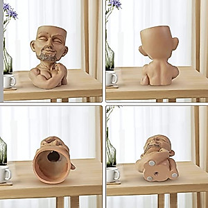 Face Planter Pot Head Planter - Beefcake Guy Model Human Funny Face Flower Pot for Indoor and Outdoor Plants Creative Decoration, Resin Succulent Planters with Drainage Hole