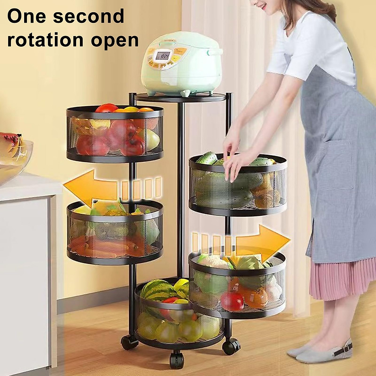 Grebest Kitchen Fruit Vegetable Storage Cart, 5 Tier Circular Rotating Basket with 360 Degree Wheels, Metal Wire Shelf with Top Lid for Living Room/Kitchen/Office Black Five Layers