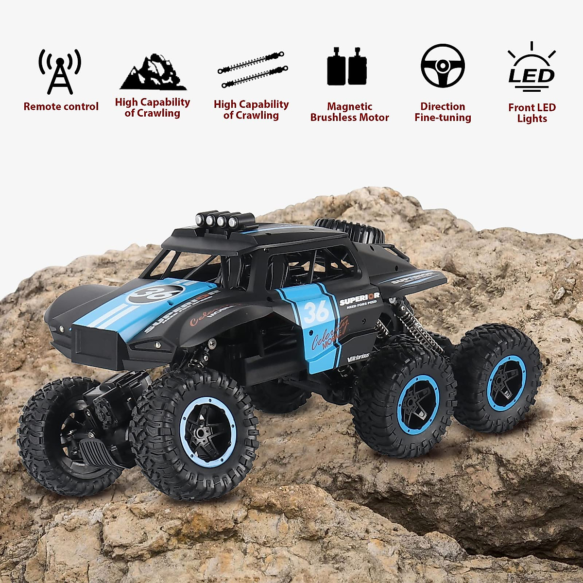 RC Car Crawler Hobby Truck 6WD 1:12 Large Scale Remote Control Car Off Road Climbing Vehicle Toy with Big LED Light Super Powerful Monster Truck, All Terrains Remote Control Car for Kids Adults