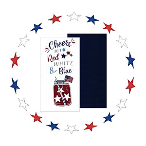 Patriotic Kitchen Towel Set - Red White and Blue Dual Cotton Terry Dishtowel Decorated with Mason Jar Drink, American Flag for 4th of July, Memorial Day,