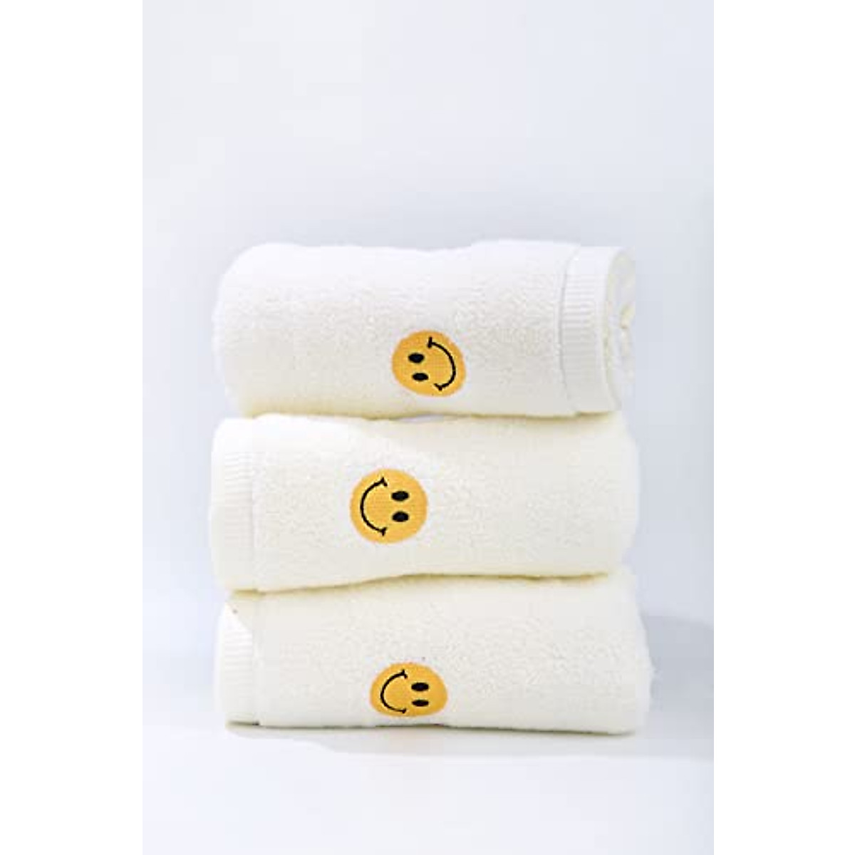 Ohocut 3 Pack Cotton Hand Towels, Decorative Hand Towels for Bathroom, Aesthetic Preppy Cute Smile Face Cream White Bath Hand Towels Set of 3