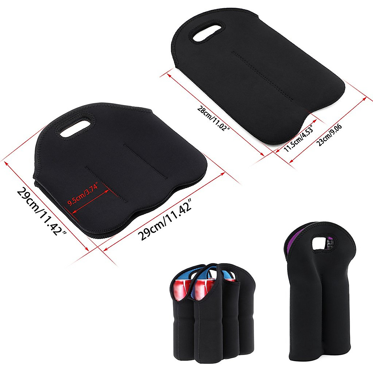 Hipiwe Set of 2 - Insulated Neoprene Wine Carrier Tote Bag + 6 Pack Beer Water Can Carrier Tote Bottle Holder Bottle Cooler Bag - Perfect for Travel with Secure Carry Handle