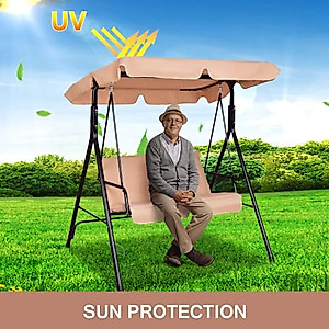 SILKYDRY 2-Person Outdoor Patio Swing Chair, Adjustable Canopy Porch Swing w/Powder Coated Steel Frame & Padded Cushion Seat, Loveseat Lounge Swing for Patio, Garden, Balcony & Backyard(Brown)