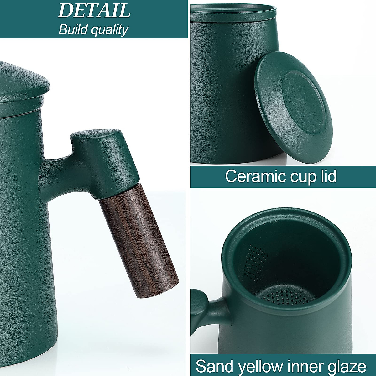 POEKLSYNM Ceramic Tea Mug, Porcelain Tea Cup with Lid and Infuser Wooden Handled, Daily and Office Use Gift Tea Cup with Strainer Steeping, 13.5oz / 400ml (Green Matte)