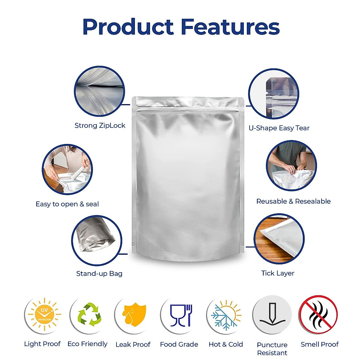 MAGOR 100 pcs Mylar Bags for Food Storage with Oxygen Absorbers +Labels ,1 Gallon 10x15(25pcs),1Quart 7x10(35pcs),small 4x6(40pcs) Stand Up Zipper Resealable Bags heat sealable for long term storage