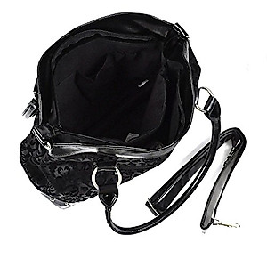 Lost Queen Black Goth Steampunk Flocked Ribcage Skeleton Cameo Handbag Shoulder Bag, Large