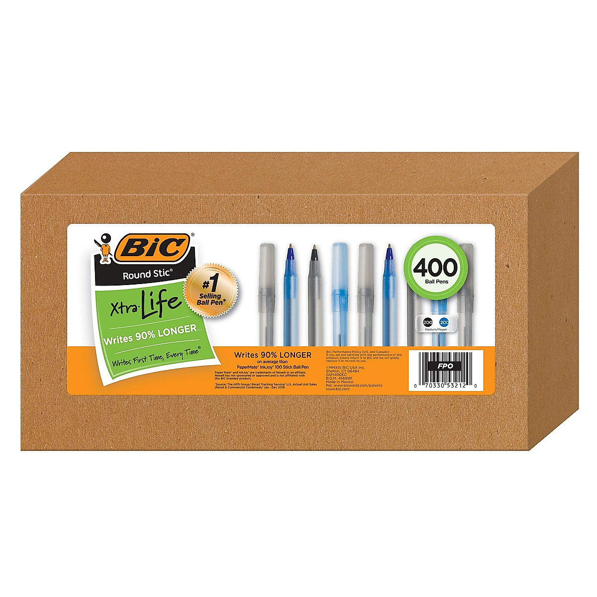 BIC Pens Large Bulk Pack of 400 Ink Pens, Bic Round Stic Xtra Life Ballpoint Pens Medium Point 1.0 Mm, 200 Black Pens & 200 Blue Pens In Box Combo Pack