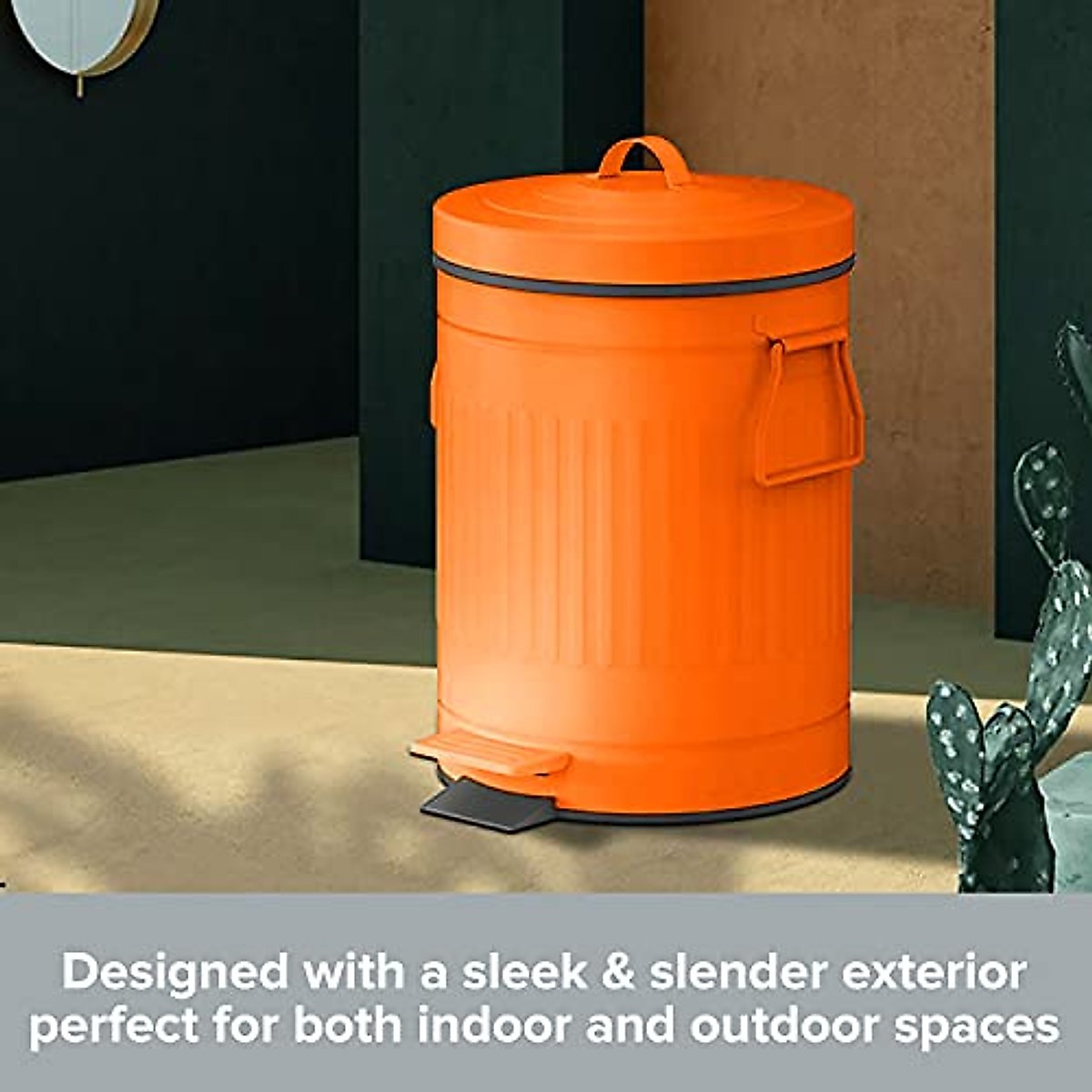 Retro Trash Can with Lid - 5L/1.3Gal Step Trash Can w/ Soft Closing Lid - Round Garbage Can w/ Handles - Touchless Trash Can w/ Removable Garbage Guard Bucket - Outdoor Garbage Can - Large Trash Bin, Orange