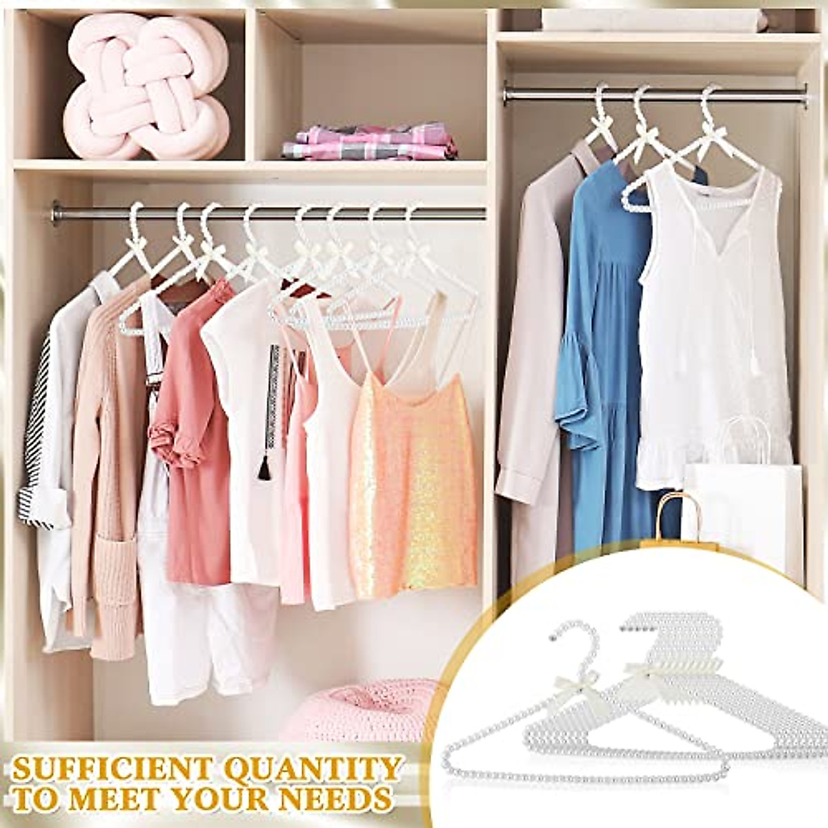 20 Pieces Pearl Clothes Hanger Beaded Clothing Hanger with Ribbon Bowknot Metal Elegant Clothes Standard Hangers for Women Bride Wedding Dress Coat Shirt Decorative Hangers (White)