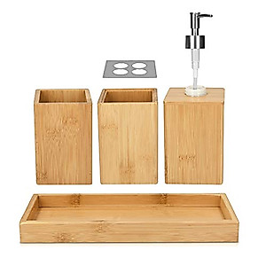 Navaris Bamboo Bathroom Accessories Set - 4-Piece Bath Set with Toothbrush Holder, Soap Dispenser, Storage Container, Organiser Tray - Natural Wood