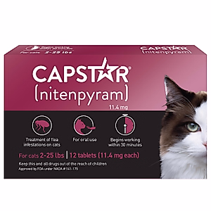 Capstar (nitenpyram) for Cats, Fast-Acting Oral Flea Treatment for Dogs 2-25 lbs, Vet-Recommended Flea Medication Tablets Start Killing Fleas in 30 Minutes, 12 Doses