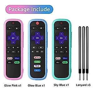 3 Pack Remote Cover for Roku, The Remote Case Compatible with Roku Voice Remote Official, Silicone Universal Protective Controller Sleeve for Roku TV Remote Glow in The Dark Pink Blue