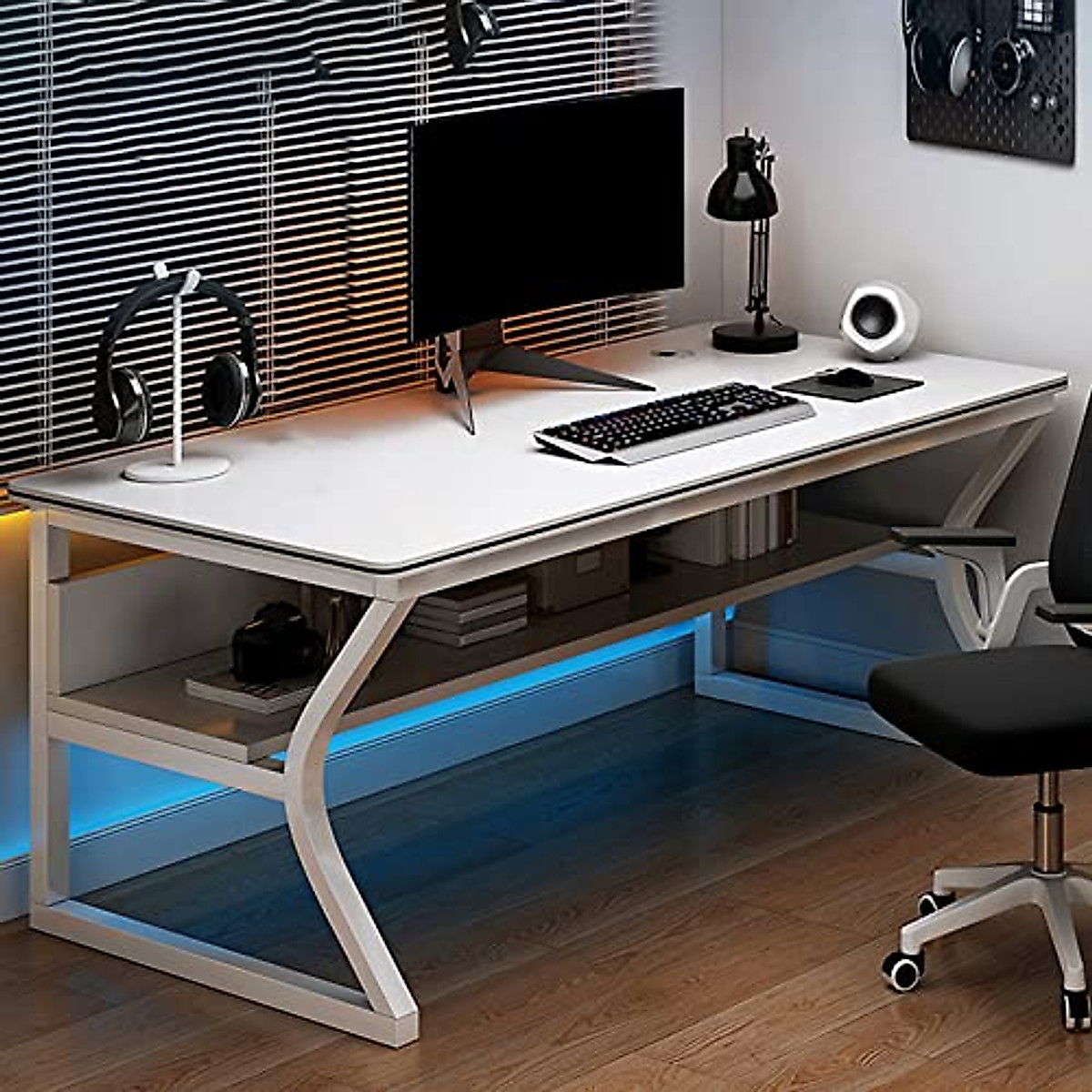 LITFAD Modern Office Desk Simple Computer Desk Wood Top Metal Frame Home Office Study Desk with Storage Shelf - 55.1" L x 23.6" W x 29.5" H White Without Chairs