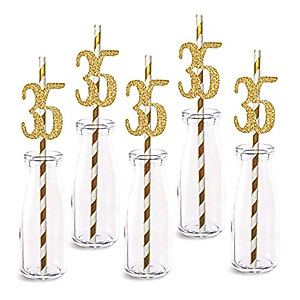 35th Birthday Paper Straw Decor, 24-Pack Real Gold Glitter Cut-Out Numbers Happy 35 Years Party Decorative Straws