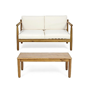 Christopher Knight Home Outdoor Acacia Wood Loveseat and Coffee Table with Cushions, Teak and Cream