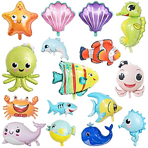 16Pcs Under the Sea Party Decorations, KUAOOAUK Large Ocean Themed Party Decorations, Starfish Seahorse Shark Crab Foil Balloons, Sea Animal Balloons for Kids Baby Shower Birthday Party