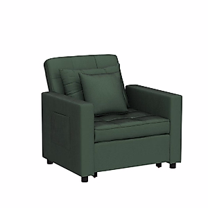 Litbird [UPDATED] Convertible Chair Sleeper Bed, Stepless Adjustable Backrest, Futon Chair Turns Into Bed, Sleeper Sofa for Living Room, 3 in 1, Imitation Flannel, Dark Green