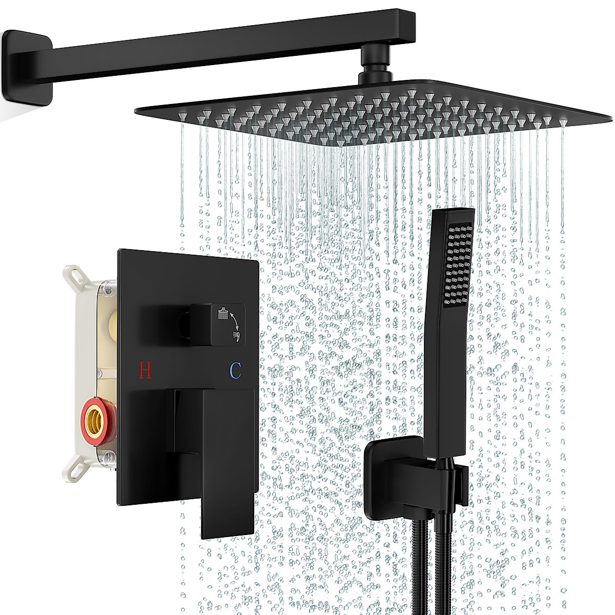 FPXRNG Black Shower Faucet Set, Rainfall Shower System with Rain Shower Head and Handle Set, Wall Mounted Shower Fixtures, Full Metal Trim Repair Kit 10 inch Matte Black (With Shower Valve)