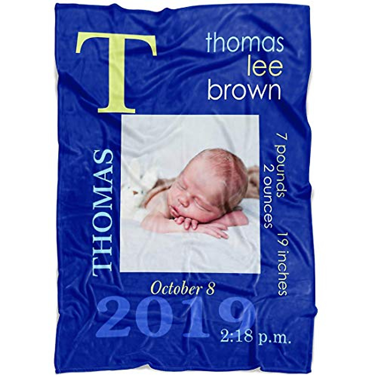 Personalized Baby Photo Newborn Blanket with Birth Information for Girls and Boys. Customized Name Blanket from Baby's Name, BirthDate, Weight. Gift for New Born Baby, New Dad Mom Grandma (Blue)