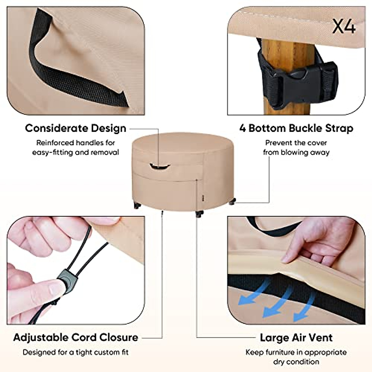 PTEROMY Patio Fire Pit Table Cover, Heavy Duty 600D Canvas Outdoor Waterproof Fireplace Cover (Khaki, Round, 36'')