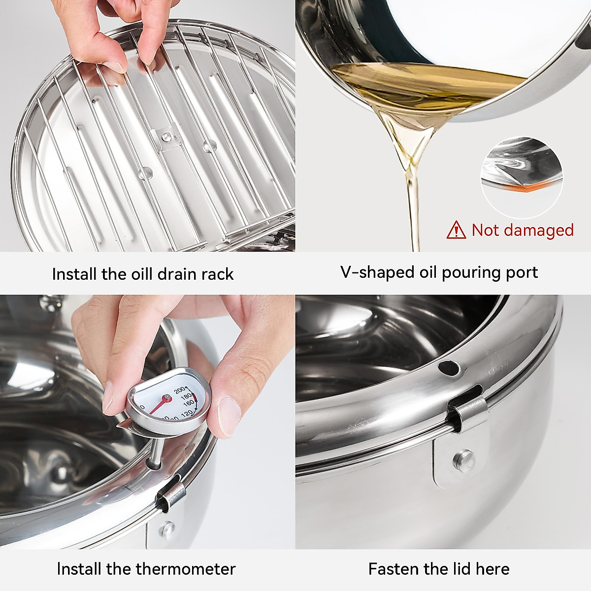 Kerilyn Deep Fryer Pot, 9.4 Inch/3.4 L Janpanese Style Tempura Frying Pot with Lid, 304 Stainless Steel with Temperature Control and Oil Drip Drainer Rack, for Kitchen French Fries, Chicken etc