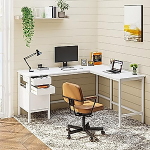 Tribesigns L Shaped Desk with File Drawer Cabinet, 59 Inch Corner Desk L Shaped Computer Desk with Drawers, PC Table Writing Desk for Home Office, White