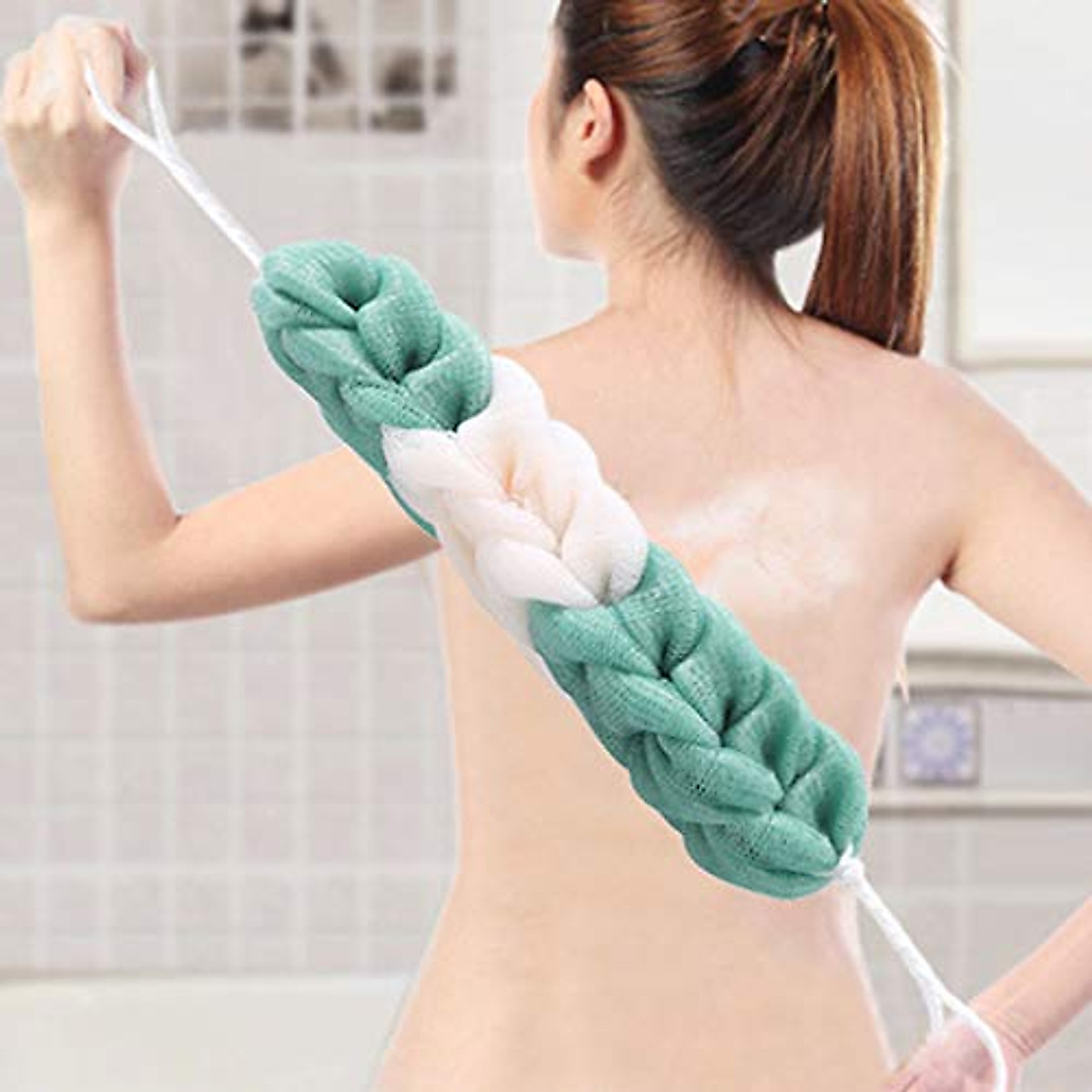 AARainbow 4 Packs Long Stretch Back Sponge with Rope Handles Back Scrubber Bath Shower Mesh Sponge Exfoliating Body Scrub Stretch Braided Loofah for Men and Women (B-1 Grey+1 Green+1 Pink+1 Coffee)