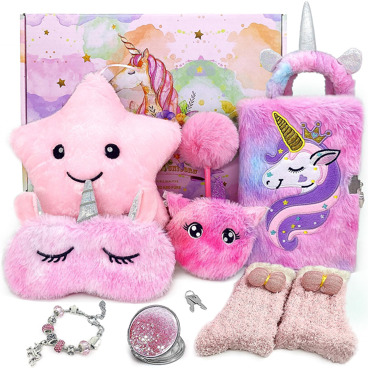 Lobimelan Unicorns Gifts for Girls Toys 6 7 8 9 10 Year Old Tie-Dye Playset Includes Star Stuffed Mirror Diary Eyemask Headband Purse Pen Bracelet and Sock