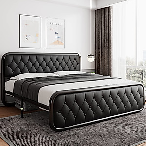 iPormis King Size Metal Bed Frame with Leather Headboard, Heavy-Duty Platform Bed Frame, Thicker Metal Steel Slats Support, 12'' Under-Bed Space, Noise-Free, Easy Assembly, Black
