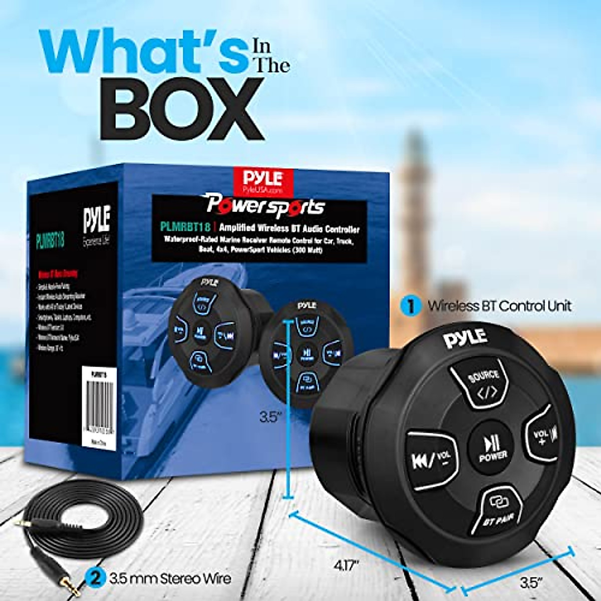 Pyle Amplified Wireless Bluetooth Audio Controller - 300 Watt Bluetooth Media Button, Waterproof Marine Receiver Remote Control W/Aux, Mount for Car Truck Boat Marine Powersport Vehicles - PLMRBT18