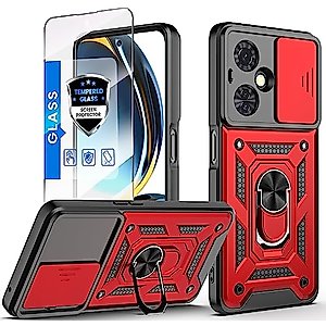 Dretal for OnePlus Nord N30 5G Case, with Stand Kickstand Ring and Camera Cover with Tempered Glass Screen Protector, Military Grade Shockproof Protective Cover for OnePlus N30 5G(Red)