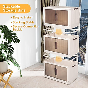 Ezeefonk 45Qt 3 Pack Stackable Foldable Plastic Storage Bins with Lids and Wheels, Plastic Storage Bins Organizer Versatile Organizers for Home and Office, Perfect for Bedroom, Living Room, Kitchen.