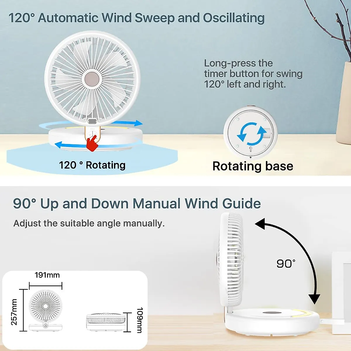 Jassco Air Circulator Fan, Table Fan, Portable Oscillating Desktop Fan, Wall-Mounted Fan, 6 Speeds, Personal Cooling Fan with LED Night Light for Home, Dorm, Workout,White