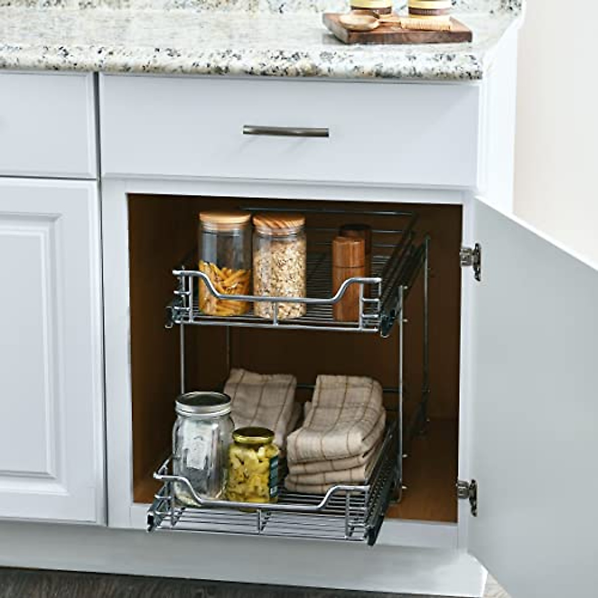 Household Essentials C21521-1 Glidez Dual 2-Tier Sliding Cabinet Organizer, 14.5" Wide, Chrome & C26512-1 Glidez Under Sink Sliding Organizer | Pull Out Cabinet Shelf | Chrome | 12.5 Inches Wide