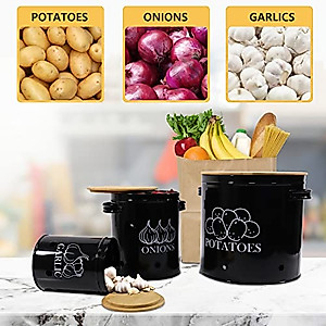 Gdfjiy Onion and Potato Storage, Set of 3 Antique Cream Vintage Potato Onion, Home Space-Saving Kitchen Canisters with Bamboo Lid & Handles - Airtight Potato, Onion & Garlic Keeper for Vegetable Storage - Long Shelf Life (Black)