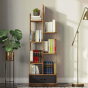 Rolanstar Bookshelf with Drawer, Rustic Wood Bookshelves, Free Standing Book Shelf Industrial Shelf Free Standing Storage Shelf for Bedroom, Living Room, Home Office, Rustic Brown