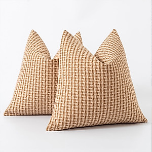 Kevin Textile Outdoor Waterproof Throw Pillow Covers Pack of 2 Weaving Texture Water Resistant Outside Decorative Cushion Covers for Garden Patio Tent Balcony Bench Couch Sofa 18x18 Inch, Light Brown