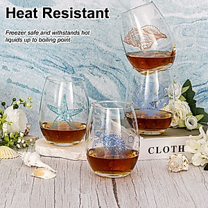 Ocean Themed Stemless Wine Glasses, Set of 4 Seashore Glassware - Sea Turtle, Starfish, Seashell, Conch Shell Assortment, Gifts for Coastal Beach Sea Lovers, Birthday Gifts for Women Mothers Day