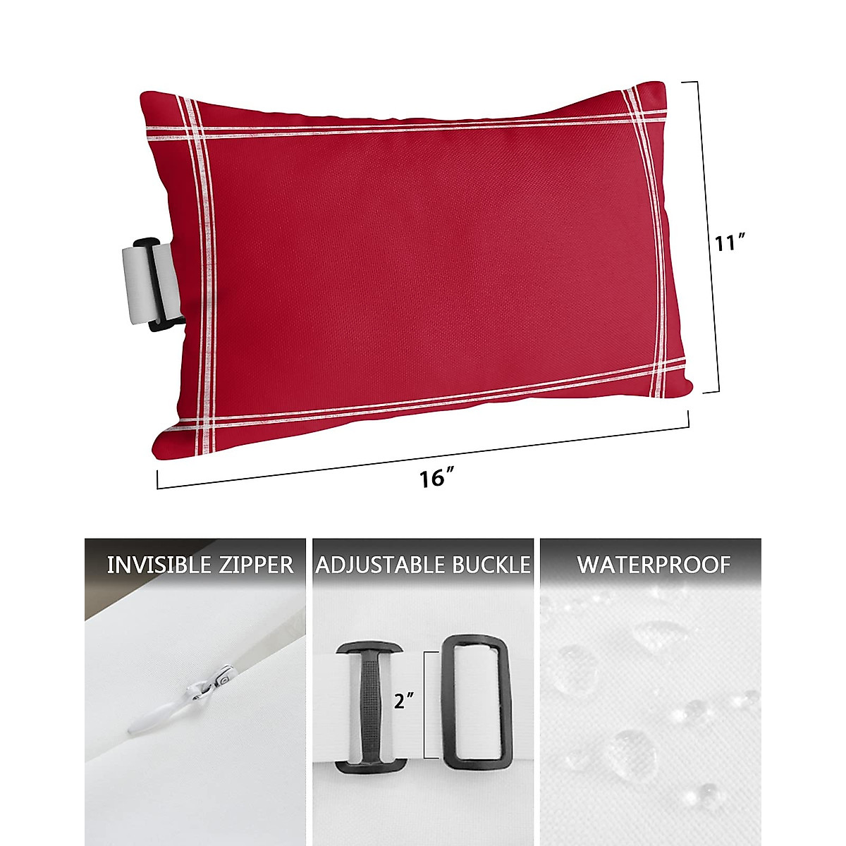 T&H XHome Outdoor Pillow for Chaise Lounge Chair, Solid Color Red Waterproof Headrest Pillow Lumbar Pillows with Insert & Adjustable Elastic Strap for Beach, Poolside, Patio, Office (1 Pack)