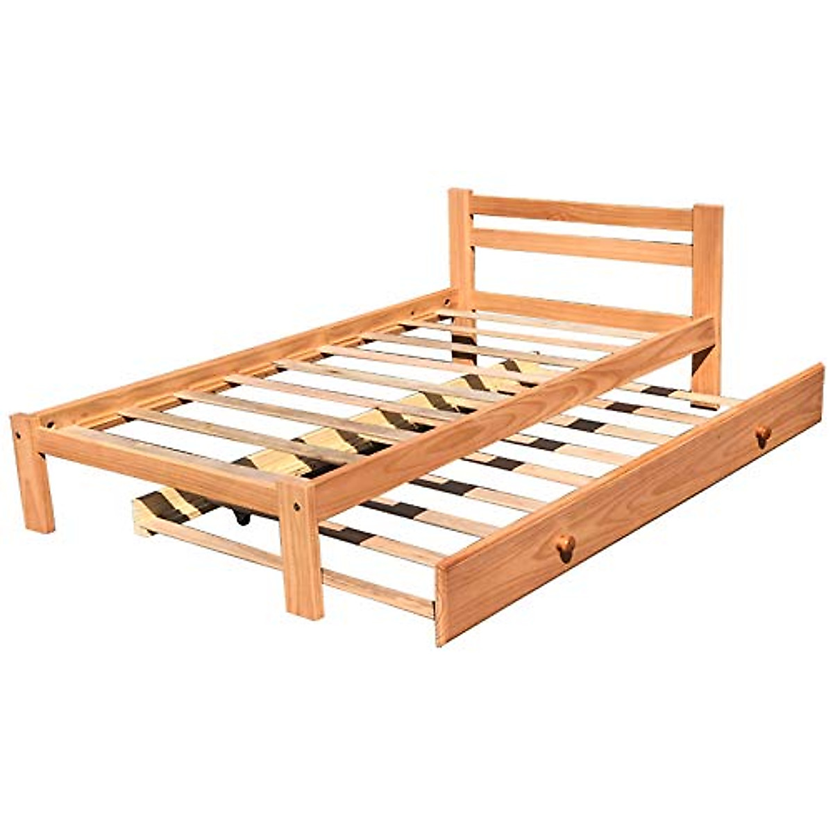 Amazonas Honey Pine Finish Twin Bed & Trundle Solid Pine Wooden Trundle Bed Hardwood Slats Support Suitable for Boys Girls Kids Bedroom Wooden Bed Frame