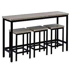 XD Designs 4-Piece Counter Height Extra Long Dining Table Set, Bar Table Set with 3 Stools, Side Table with Footrest Pub Kitchen Set (Gray)