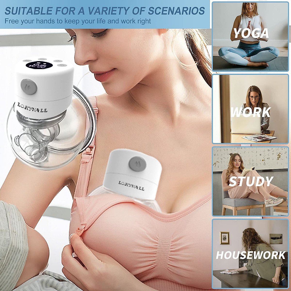 LORYHALL Wearable Electric Breast Pump, Portable Hands Free Pump, LED Display, Low Noise & Closed System, 2 Mode & 9 Levels Wireless Pump Easy to Assemble and Dishwasher Safe, 24mm Flange, 2 Pack