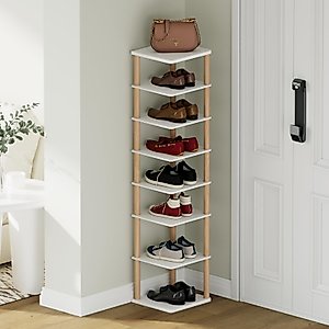 NUTMAK 8 Tiers Narrow Shoe Rack, Wooden Shoe Organizer for Closet Front Door Entrance Entryway, Space Saving Tall Storage Rack, Free Standing Vertical Shoe Shelf for Small Spaces White.