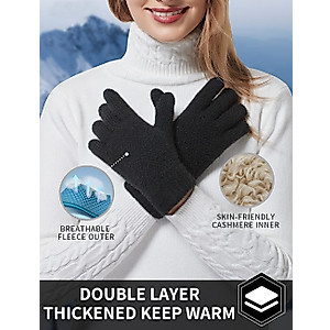 REACH STAR Winter gloves for women, 3-Finger Touch screen Dual-Layer Cashmere Elastic Thermal knit Lining, Warm Gloves for Cold weather,Running,Driving(Black)