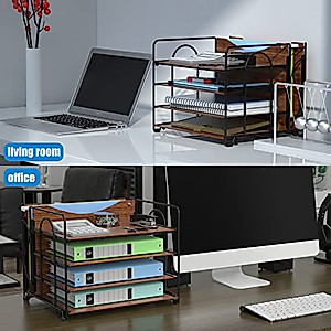 Aimeaihe Desk File Organizer, 4-Tier Desk Organizers Wood with 5 A4 File Folders, Letter Size Office Organizers for Desk, Letter Paper Tray Organizer for Office, School, Home, Black