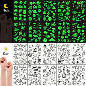 Konsait 140pcs Glow in The Dark Space Temporary Tattoo for Kids,Luminous Solar System Universe Outer Space UFO Temporary Tattoos for Boys Girls Stockings Stuffers Goody Filler Birthday Party Favor