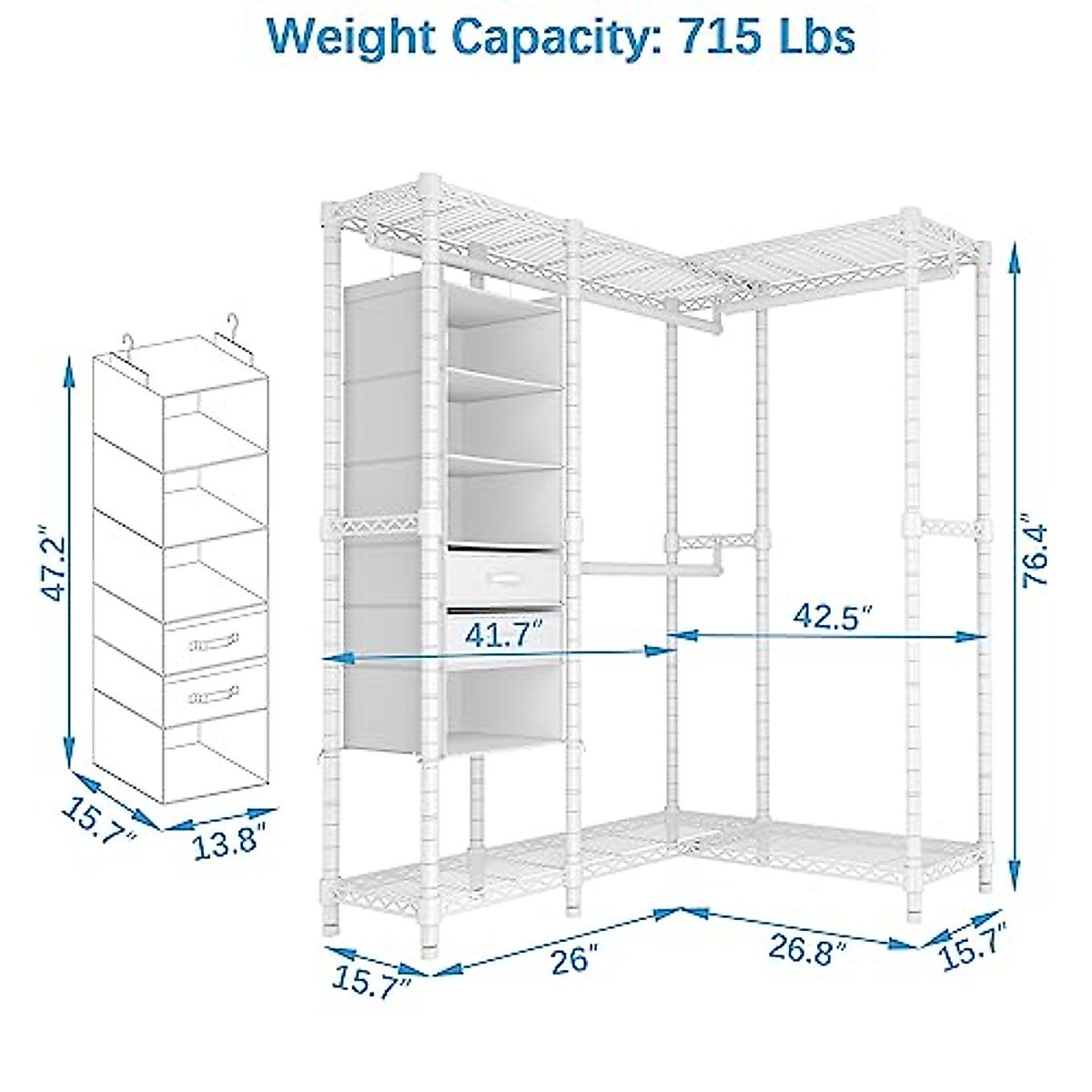 VIPEK L6E Garment Rack for Hanging Clothes Heavy Duty Clothes Rack with Shelves, L Shaped Clothing Rack Portable Corner Closet Metal Freestanding Wardrobe with Drawers, Max Load 715 LBS, White